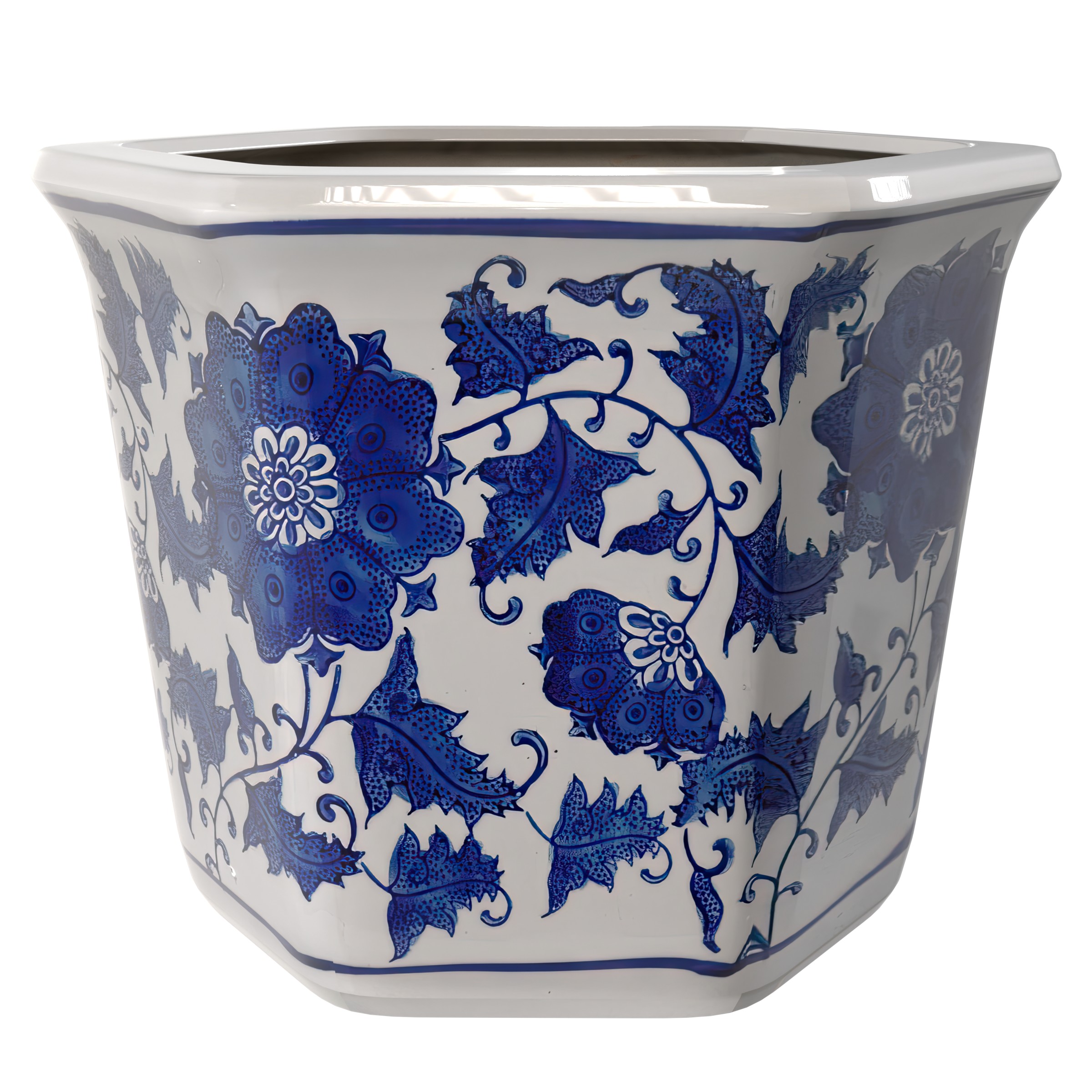 OrientalFurniture.com: 12" Hexagonal Flower Pot - Blue and White Floral